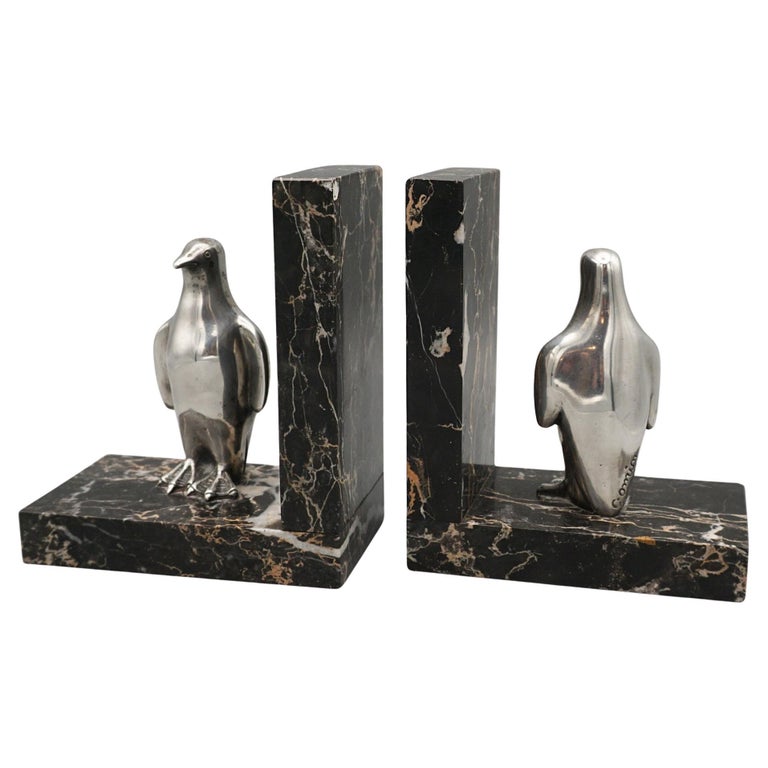 Penguin Bookends- Silvered Bronze - Marble Bookends - 1930s - Art Deco ...